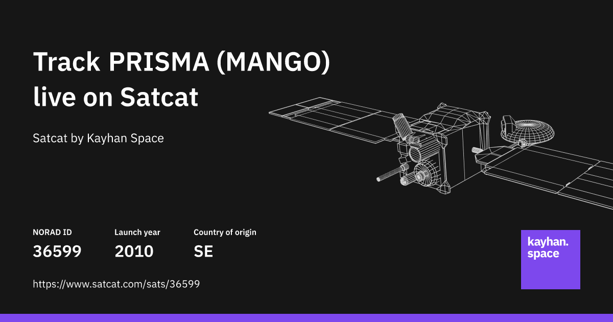 Track PRISMA (MANGO) (NORAD ID: 36599) live with Satcat
